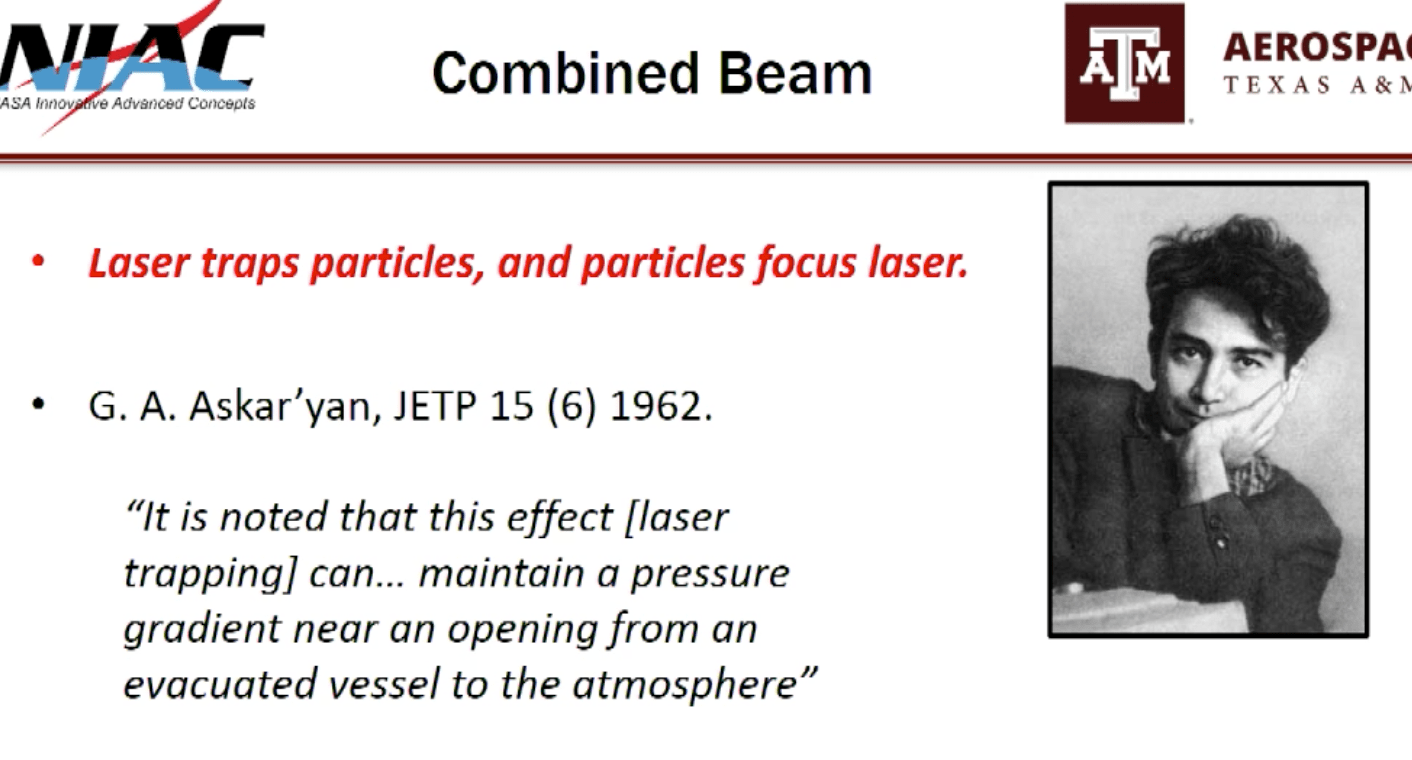 Combined photon and particle beam for self-focusing propulsion beam ...