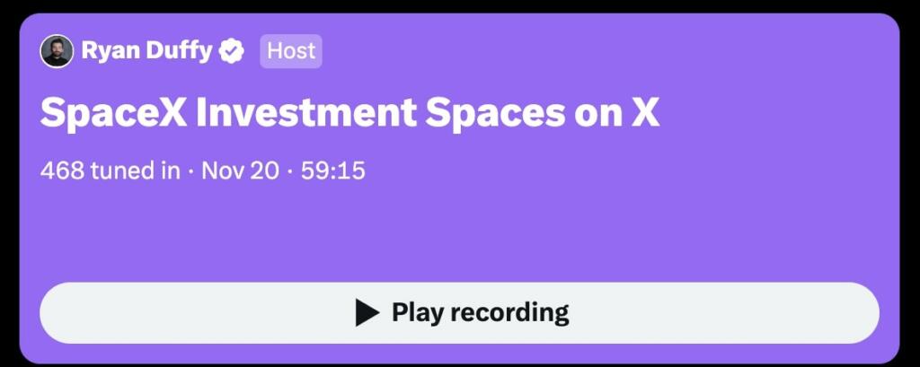 Recording of SpaceX Investment Twitter Space | NextBigFuture.com