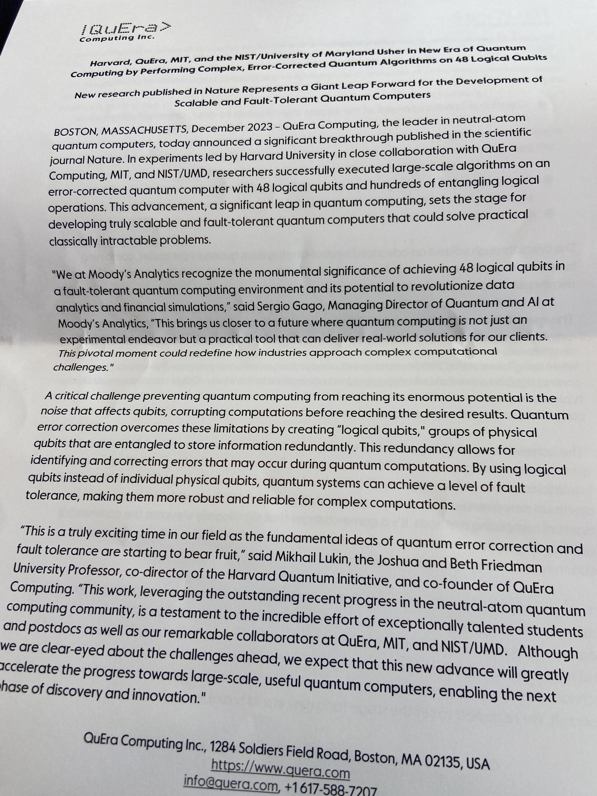 Harvard Led Group Demonstration of Complex Error-Corrected Quantum ...