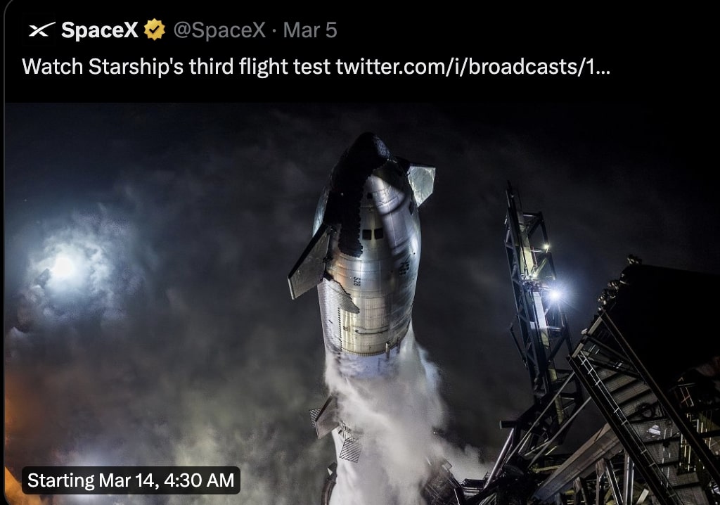 Third Orbital Spacex Starship Test Flight Set For March 14