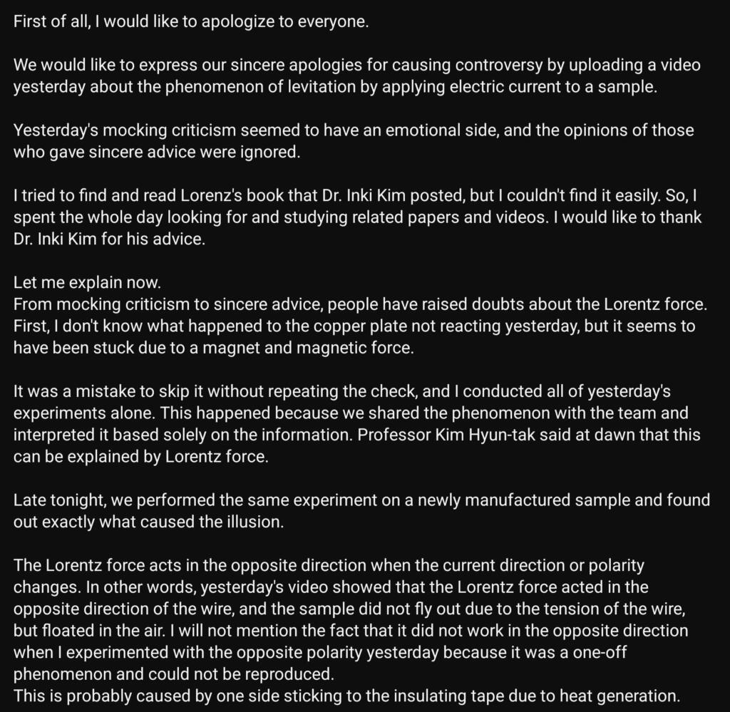 Retraction of SCTL Full Levitation Claim. It Was the Lorentz Force ...