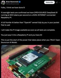 Open Source DeepSeek R1 Runs at 200 Tokens Per Second on Raspberry Pi | NextBigFuture.com