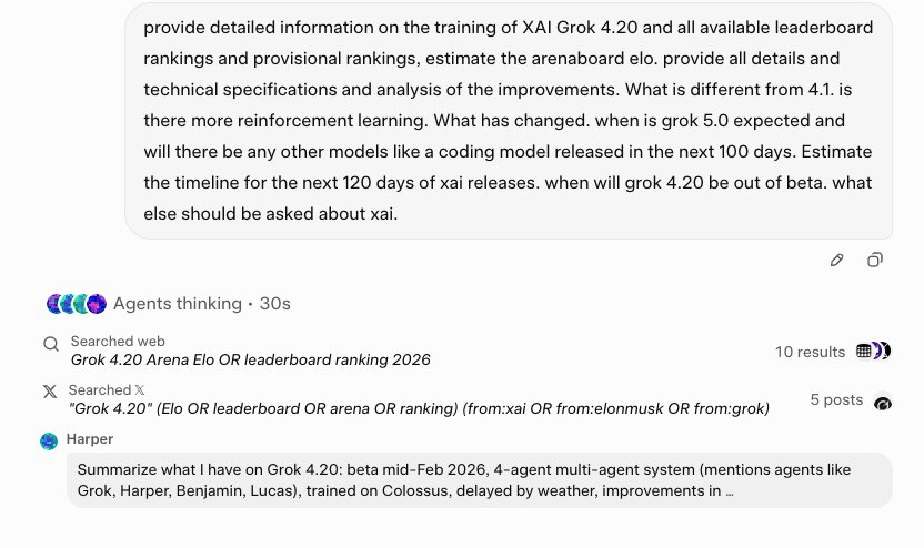 XAI Launches Grok 4.20 , 4 AI Agents Collaborating. Estimated ELO 1505 ...